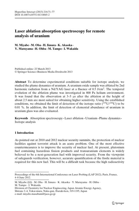 Pdf Laser Ablation Absorption Spectroscopy For Remote Analysis Of Uranium