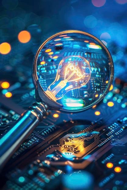 Premium Photo Digital Background Featuring Magnifying Glass Over Glowing Lightbulb Icon On
