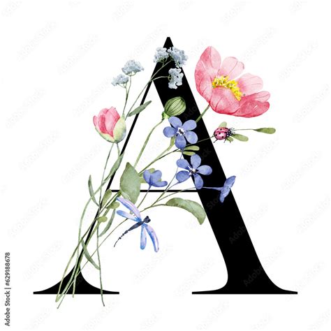 Floral Alphabet Letter A With Watercolor Flowers And Leaf Monogram