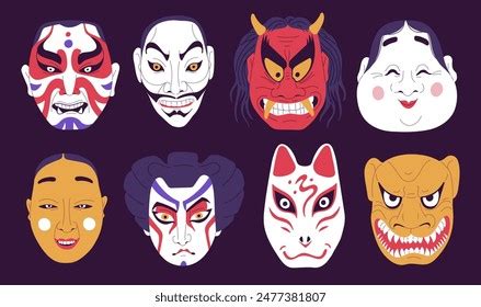 Traditional Japanese Kabuki Masks Set Various庫存向量圖（免版稅）2477381807