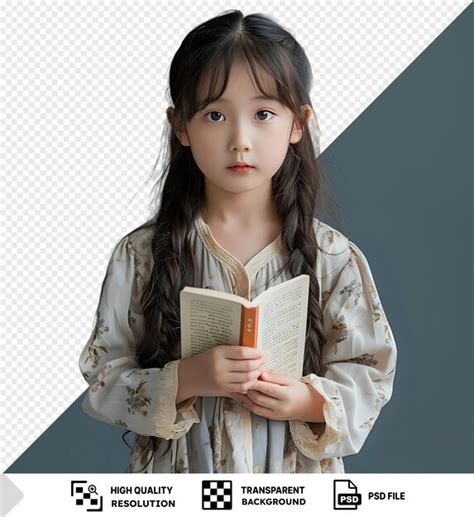 Premium Psd Psd Picture A Cute Long Haired Asian Girl With A Book In