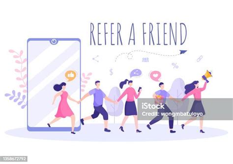 배너 배경 또는 포스터를 통해 친구를위한 화면 휴대 전화 및 소셜 미디어 마케팅에 메가 폰과 친구 플랫 디자인 일러스트를 참조하십시오 Brand Name Smart