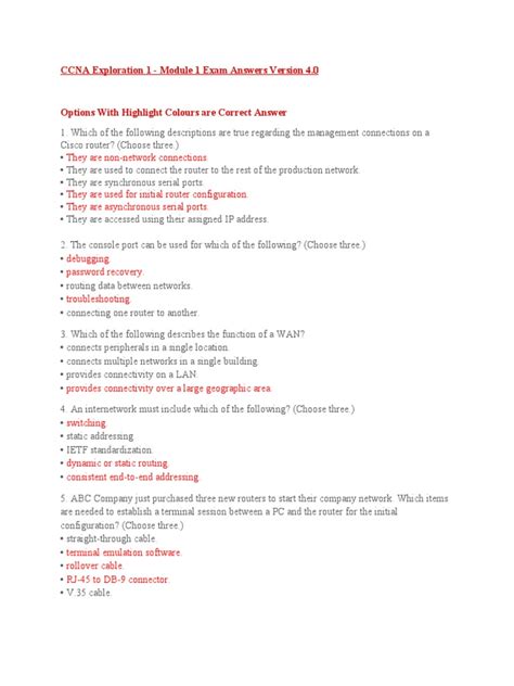 Ccna Exploration 1 Module 1 Exam Answers Version 40 Pdf Network Switch Router Computing