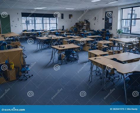 Ett Klassrum Med Skrivbord Och Stolar Fyllda Med Skolmateriel Stock