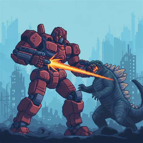 Pixel Art Mech Vs Godzilla Stock Illustration Illustration Of