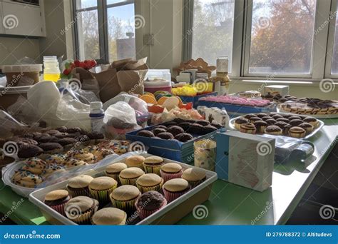 Classroom Of Young Students With Cupcakes And Supplies For Baking