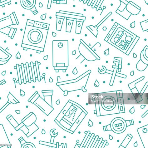 배관 서비스 벡터 원활한 패턴 집 욕실 장비 수도꼭지 화장실 세탁기 식기 세척기의 평면 라인 아이콘 배관공 수리 일러스트레이션 얇은 선형 표지판 핸디맨 서비스 연속무늬에