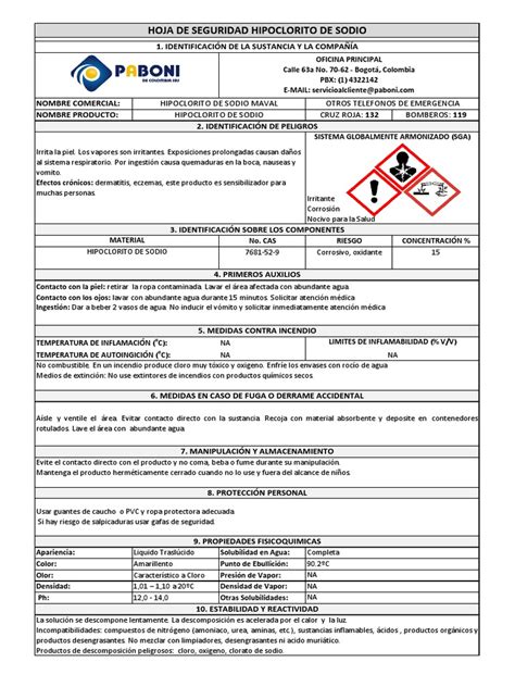 Ficha De Seguridad Hipoclorito Sodico Bmza