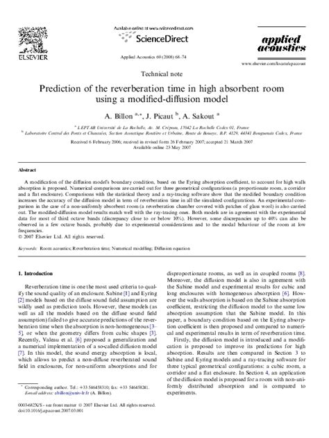 Pdf Prediction Of The Reverberation Time In High Absorbent Room Using A Modified Diffusion Model