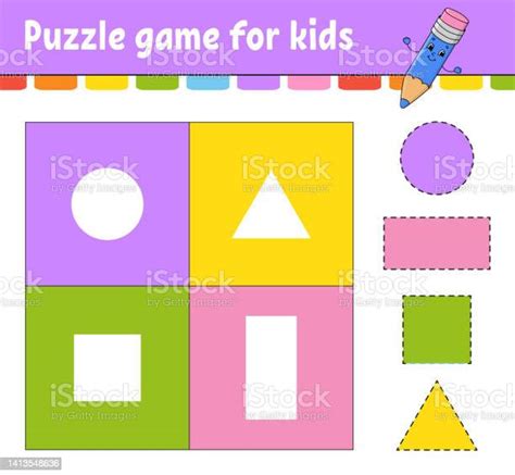 아이들을위한 퍼즐 게임 잘라내고 붙여 넣습니다 절단 연습 모양을 학습합니다 교육 워크 시트 원 정사각형 직사각형 삼각형 활동 페이지입니다 만화 캐릭터 0명에 대한 스톡 벡터
