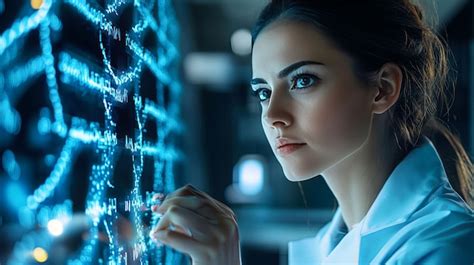 Female Scientist Interacting With Holographic Data Display Premium Ai