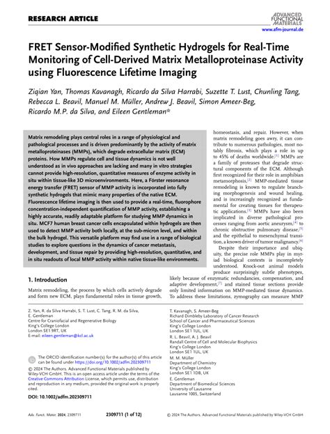 Pdf Fret Sensor‐modified Synthetic Hydrogels For Real‐time Monitoring Of Cell‐derived Matrix