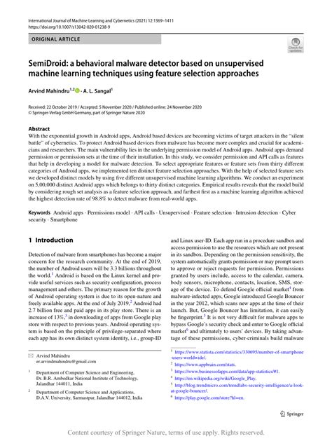 Semidroid A Behavioral Malware Detector Based On Unsupervised Machine Learning Techniques Using