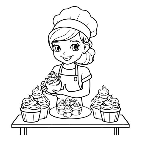 Premium Vector Coloring Page Outline Of Cute Girl Chef With Cupcakes