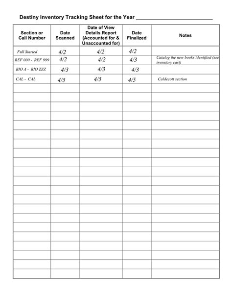 Inventory Tracking Sheet Printable