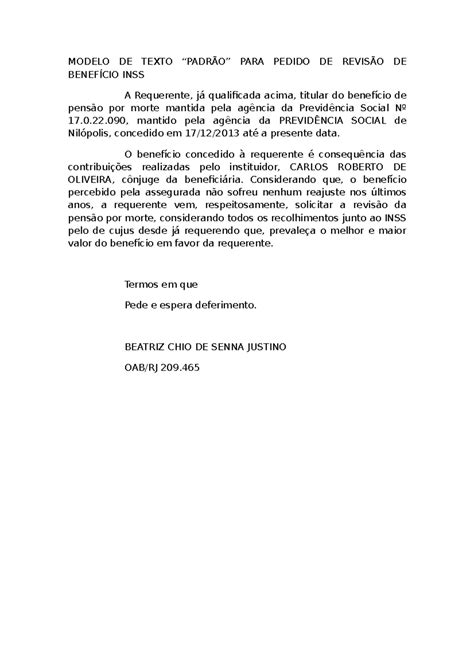 Modelo Pedido De Revisão De Benefício Inss Modelo De Texto PadrÃo