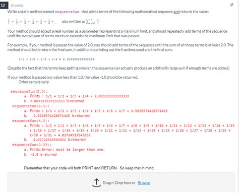 Solved 12 10 Points Write A Static Method Named Sequencesum