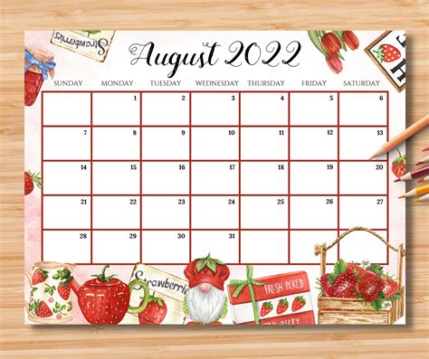 Editable August 2022 Calendar Beautiful Colorful Summer With Cute Strawberries Printable