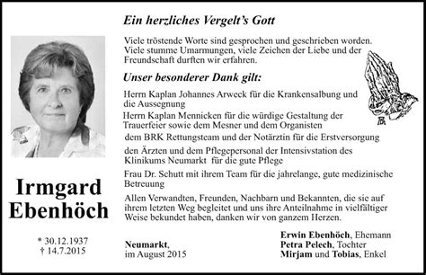 Traueranzeigen Von Irmgard Ebenhöch Trauer Nn De