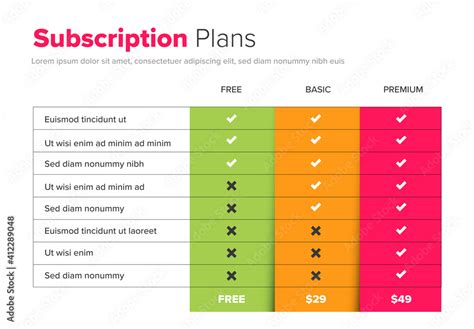 Subscription Plan Table Layout With Bright Elements Stock Template Adobe Stock