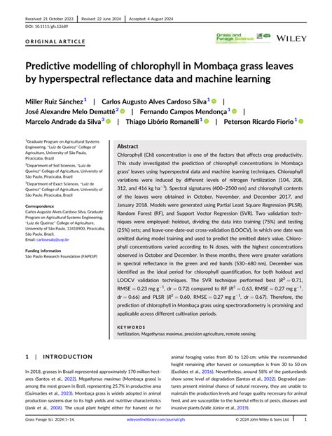 Pdf Predictive Modelling Of Chlorophyll In Mombaça Grass Leaves By