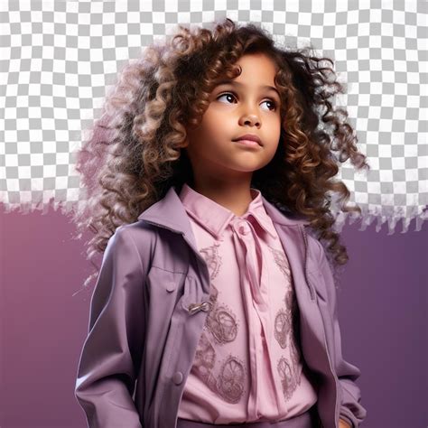 히스패닉 인종의 파란 머리카락을 가진 절망적 인 유치원 소녀는 파스텔 리락 배경에 주머니에 손을 넣은 편안한 자세로 천문학자 의상을 입고 포즈를 취합니다 프리미엄 Ai