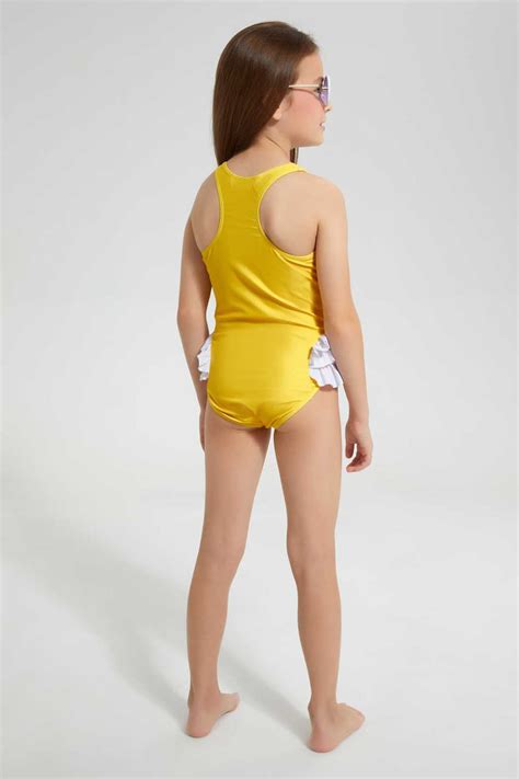 Yellow Racer Back Duck Print Ruffle Swimsuit The Beach Company