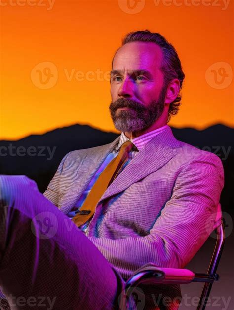Man In Suit Poses Against Colorful Sunset Background 65616584 Stock