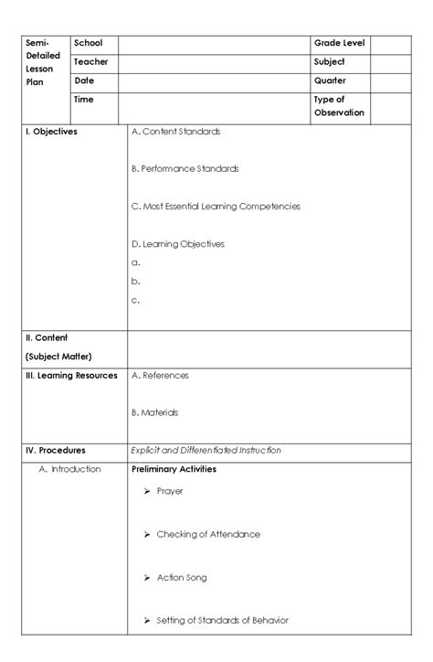 Explicit Teaching Lesson Plan Template Semi Detailed Lesson Plan