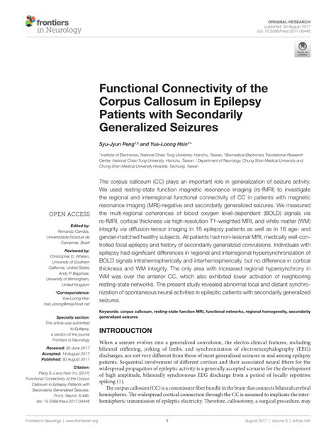 Pdf Functional Connectivity Of The Corpus Callosum In Epilepsy Patients With Secondarily