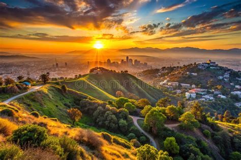 Breathtaking Sunset Over The Hollywood Hills A Panoramic View Of