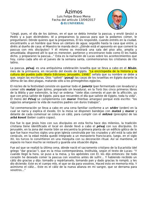 La Fiesta De Los Ázimos En La Pascua Pdf Pascua Pascua De