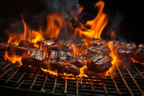 Grilled Meat On Barbecue Grill With Flames Close Up Barbecue Grill