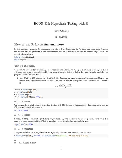 Hypo Test R File Econ 322 Hypothesis Testing With R Pierre Chaussé 13 09 How To Use R For