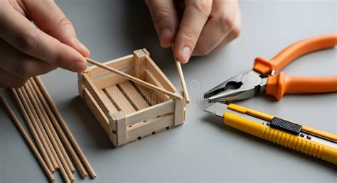 Hands Assembling A Small Wooden Crate With Sticks And Tools Stock Illustration Illustration Of