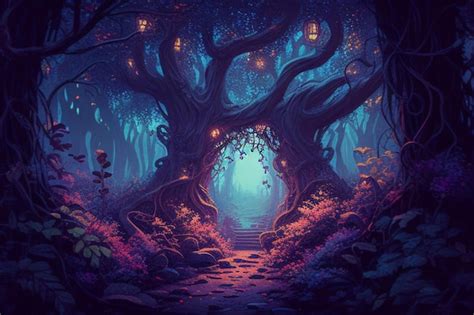 Un Bosque Oscuro Con Un árbol Y Un Camino Que Tiene Una Linterna