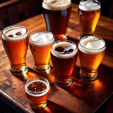 Premium Photo Assorted Mugs And Glasses Of Beer Ale On Wooden