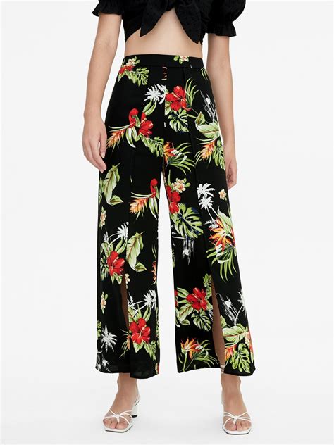 Tropical Print Front Slit Pants Black Pomelo Fashion