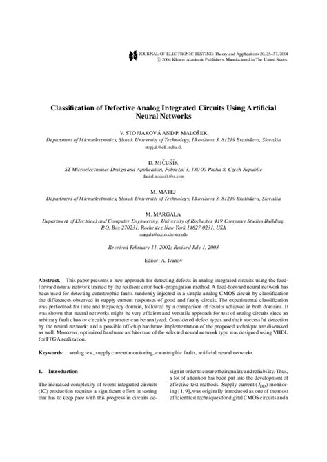 Pdf Classification Of Defective Analog Integrated Circuits Using