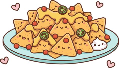 Cute Cartoon Nachos Pile With Melted Cheese And Faces Illustration