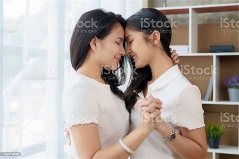 Asian Lesbian Couple Lgbtq Happy Two Young Asia Women Showing Love And