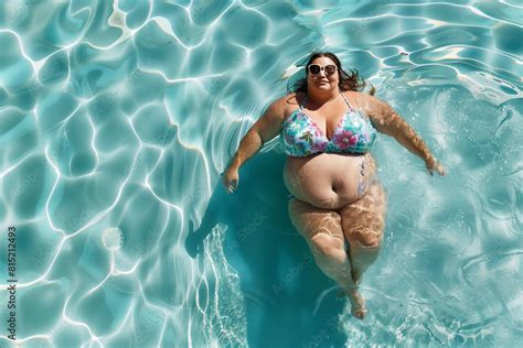 Plus Size Woman In Bikini Swimsuit Swimming In A Pool With Copy Space