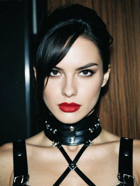Woman In Dominatrix Costume With Leather Choker And Straps Close Up