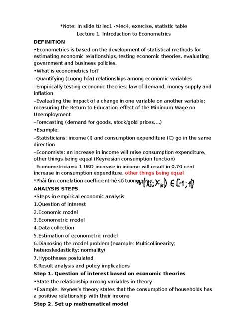 Econometrics Unit 1 2 3 4 Note In Slide Từ Lec1 Lec4 Exercise