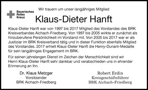 Traueranzeigen Von Klaus Dieter Hanft Augsburger Allgemeine Zeitung
