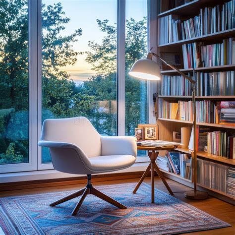 Cozy Reading Nook With Modern Chair Bookshelf And Lamp Illuminated