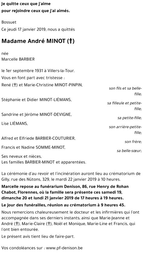 Avis De Décès De Marcelle Barbier Décédé Le 17012019 à Isnes