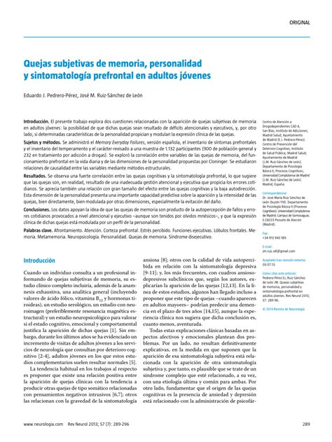 Pdf Subjective Memory Complaints Personality And Prefrontal