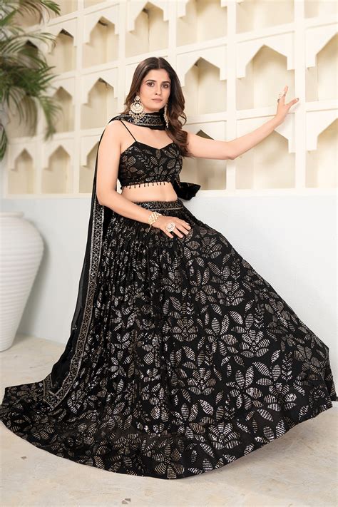Georgette Black Sequins Embroidred Flared Style Lehenga Llcv119594