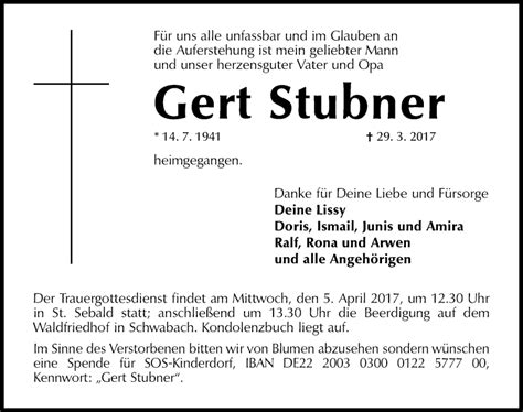 Traueranzeigen Von Gert Stubner Trauernnde